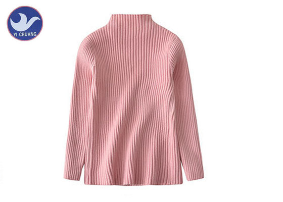 High Collar Ribs Girls Light Pink Sweater , Cotton Knit Sweater For Little Girl