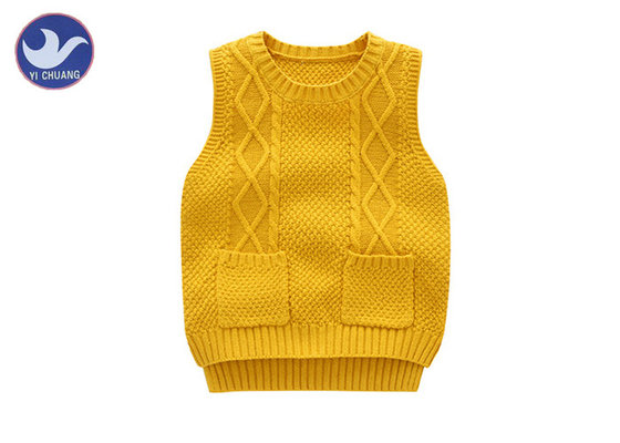 Sleeveless Cable Knitting Girls Pullover Sweaters Two Pockets Unisex Vest Side Slit