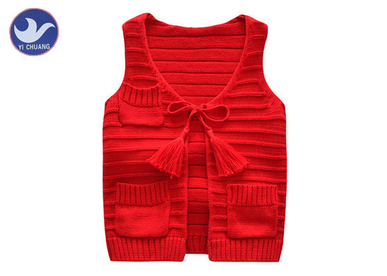 String Closure Girls Sleeveless Cardigan U Neck Front Pockets Knitted Vest