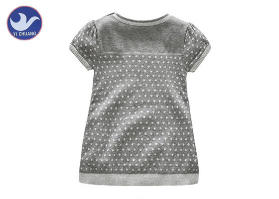 Stripes Dots Jacquard Girls Knitted Dress Short Sleeves Button Closure Shoulder