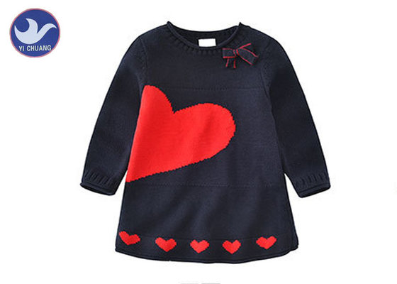 Hearts Jacquard Girls Knitted Dress A- Line Long Sleeves Round Neck With Butterfly Knot