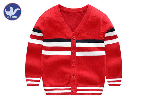 Red V Neck Boys Cardigan Sweater Children Cotton Knitted Outwear For Spring / Autumn