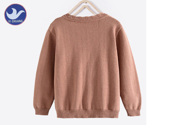 Long Sleeves Girls Cardigan Sweaters Wavy Pointelle Neck Trim Buttons Up Knitwear