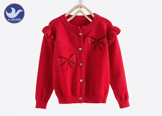 Sweet Butterfly Ribbon Girls Red Cardigan Sweater , Girls Knitted Cardigan Crew Neck