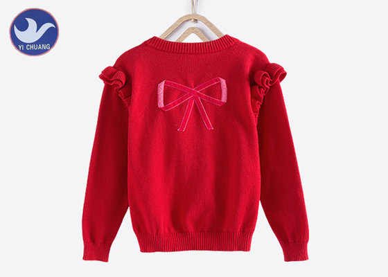 Sweet Butterfly Ribbon Girls Red Cardigan Sweater , Girls Knitted Cardigan Crew Neck