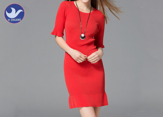 Mini Red Womens Knitted Dresses , Cowl Neck Short Sleeve Jumper Dress Frill Edges