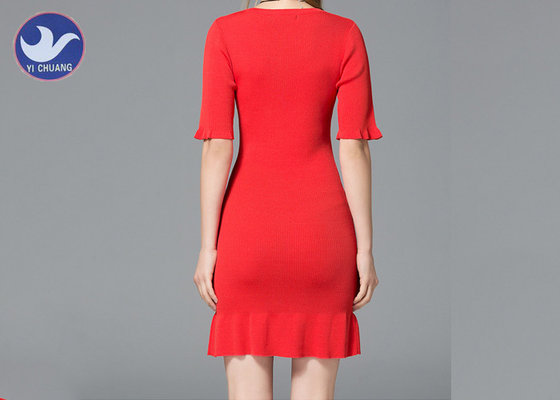 Mini Red Womens Knitted Dresses , Cowl Neck Short Sleeve Jumper Dress Frill Edges