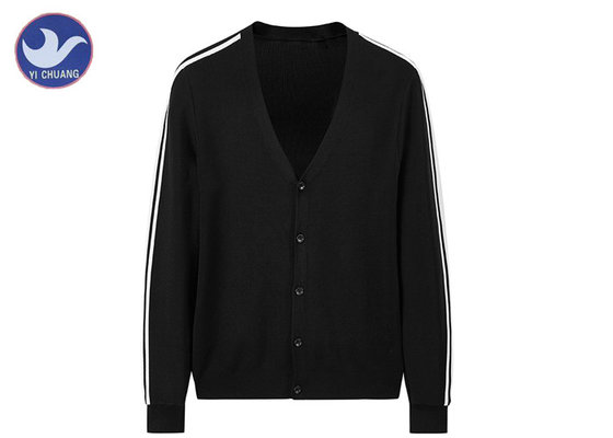 V Neck Mens Knit Cardigan Sweater Stripes In Shoulder / Sleeves Buttons Up Closure