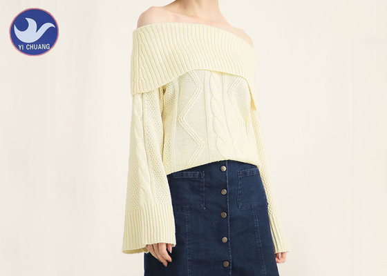 Off Shoulder Big Sleeve Cuff Womens Knit Pullover Sweater / Ladies Cable Knit Jumper
