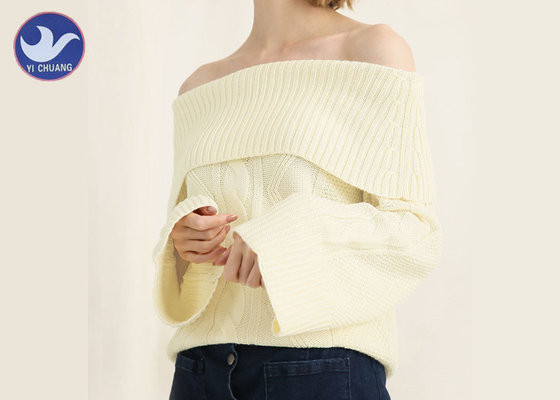 Off Shoulder Big Sleeve Cuff Womens Knit Pullover Sweater / Ladies Cable Knit Jumper
