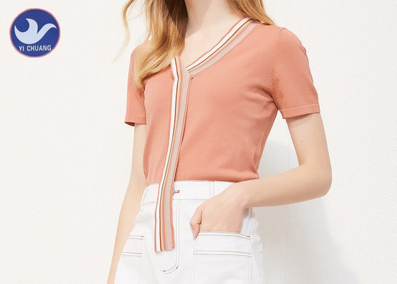 Knitted Constrast Color Thin V Neck Pullover Sweater Summer Short Sleeves
