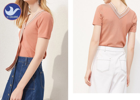 Knitted Constrast Color Thin V Neck Pullover Sweater Summer Short Sleeves