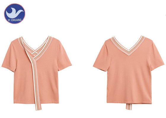 Knitted Constrast Color Thin V Neck Pullover Sweater Summer Short Sleeves