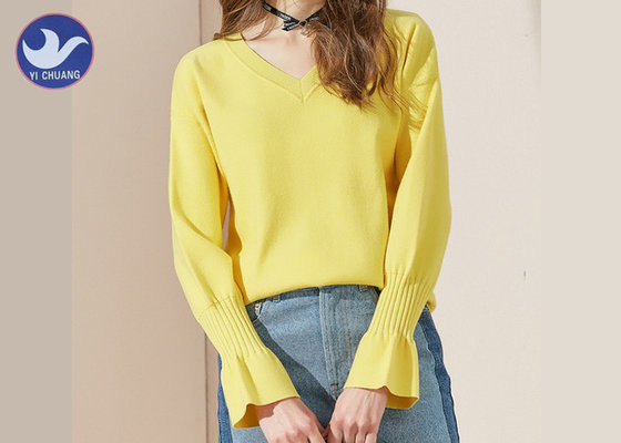 Candy Color Trumpet Cuff Womens Knit Pullover Sweater / Ladies V Neck Jumper