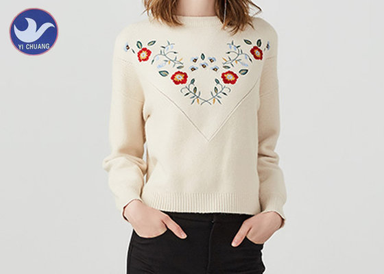 Flower Embroidery Soft And Warm Womens Knit Pullover Sweter Crew Neck