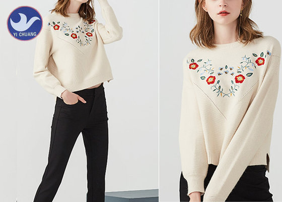 Flower Embroidery Soft And Warm Womens Knit Pullover Sweter Crew Neck
