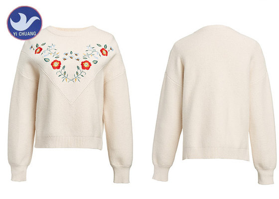 Flower Embroidery Soft And Warm Womens Knit Pullover Sweter Crew Neck