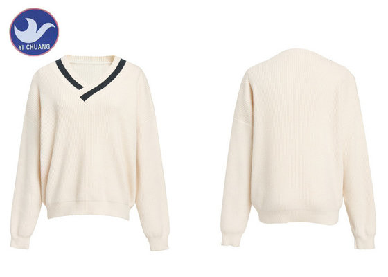 Stripes V Neck Ribs Knitting Women'S Pullover Sweater / Casual Clothes For Girls
