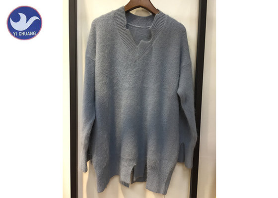 Fashion Ladies Long Jumpers Slit Neck And Bottom / Autumn Womens Knitwear