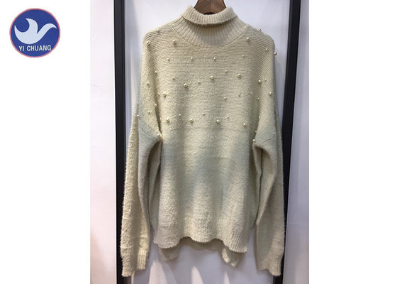 Turtle Neck Pearl Studs Womens Knit Pullover Sweater Long Sleeves High Collar