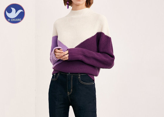 Mock Neck Half Cardigan Knitted Womens Knit Pullover Sweater Contrast Color