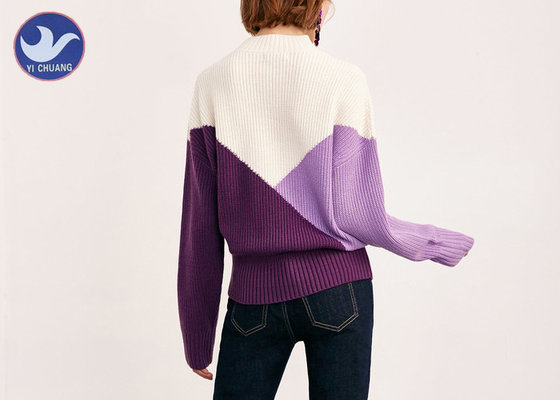 Mock Neck Half Cardigan Knitted Womens Knit Pullover Sweater Contrast Color
