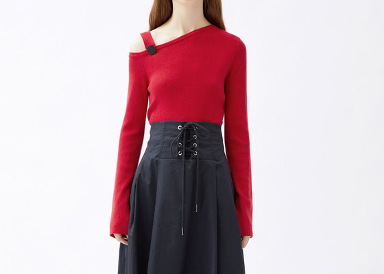 Chinese Red Single Strap Slop Shouder Womens Knit Pullover Long Sleeves Knitwear