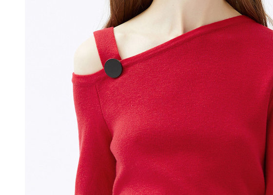 Chinese Red Single Strap Slop Shouder Womens Knit Pullover Long Sleeves Knitwear