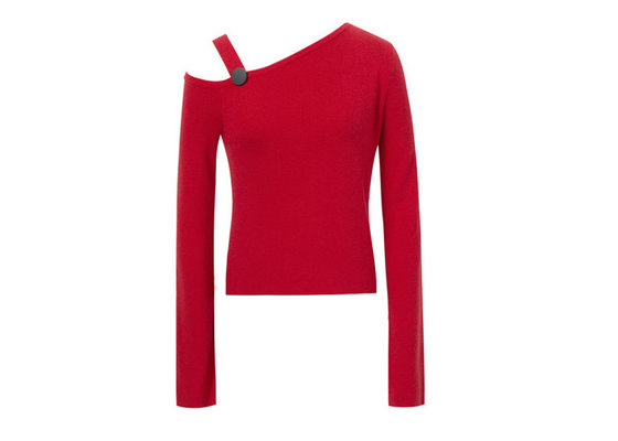 Chinese Red Single Strap Slop Shouder Womens Knit Pullover Long Sleeves Knitwear