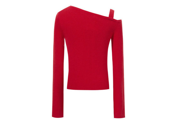Chinese Red Single Strap Slop Shouder Womens Knit Pullover Long Sleeves Knitwear