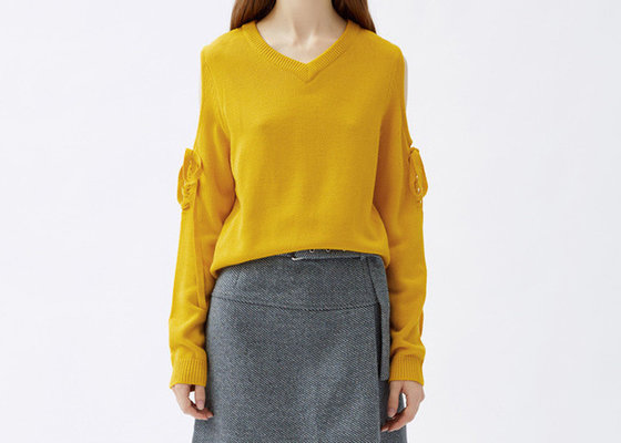 Bright Yellow Lace Up Womens Knit Pullover Sweater Off Shoulder Top