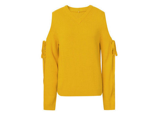 Bright Yellow Lace Up Womens Knit Pullover Sweater Off Shoulder Top