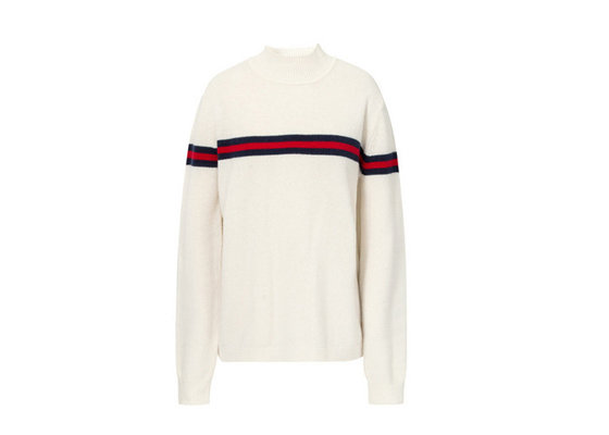 Classic White Ground, Black And Red Contrast Color Stripe Lady Jumper Mock Neck