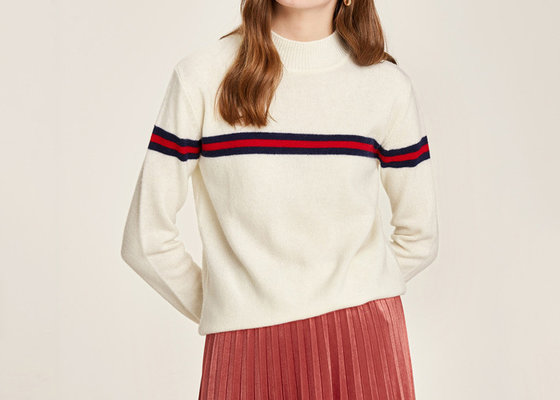 Classic White Ground, Black And Red Contrast Color Stripe Lady Jumper Mock Neck