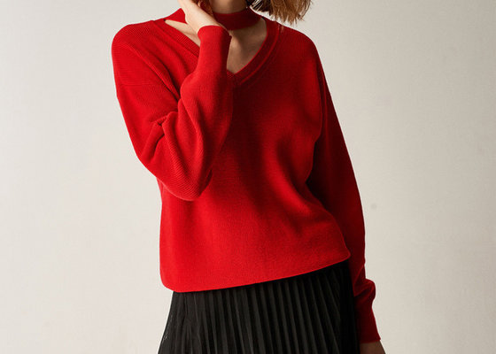 Hollow V Neck Choker Womens Knit Pullover Sweater Red Acrylic Wool Red Jumper