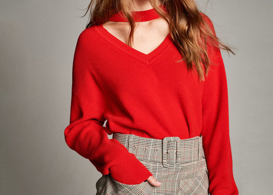 Hollow V Neck Choker Womens Knit Pullover Sweater Red Acrylic Wool Red Jumper