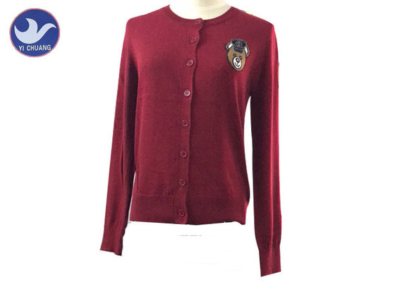 Teddy Bear Intarsia Womens Knit Cardigan Sweater Buttons Up Crew Neck