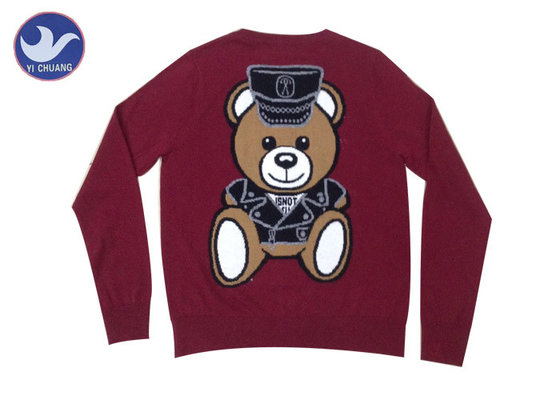 Teddy Bear Intarsia Womens Knit Cardigan Sweater Buttons Up Crew Neck