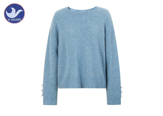 Social Audit Sweater Supplier Womens Knit Pullover Sweater Cuff Slit Pearl Decoration