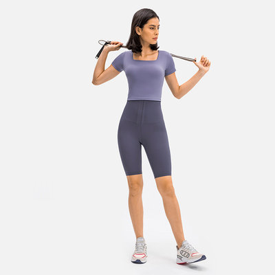 Short Sleeves Square Neck Breast Pad Elegant Women Fitness Shirt Yoga Wear Tshirt Tops Sport Workout Shirts
