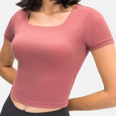 Short Sleeves Square Neck Breast Pad Elegant Women Fitness Shirt Yoga Wear Tshirt Tops Sport Workout Shirts