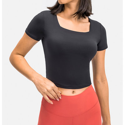 Short Sleeves Square Neck Breast Pad Elegant Women Fitness Shirt Yoga Wear Tshirt Tops Sport Workout Shirts