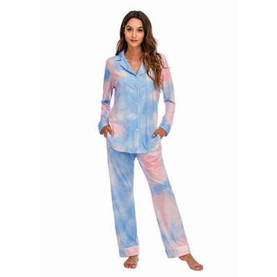 Amazon Hot Sale Viscose Spring Autumn Long Sleeves Buttons 2 Piece Womens Sleepwear Set Pajamas Homewear Femm