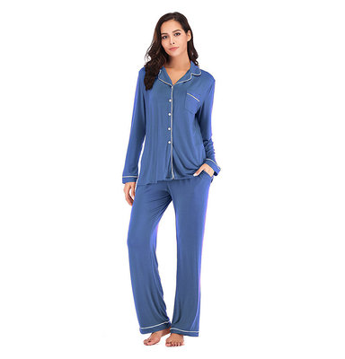 Amazon Hot Sale Viscose Spring Autumn Long Sleeves Buttons 2 Piece Womens Sleepwear Set Pajamas Homewear Femm