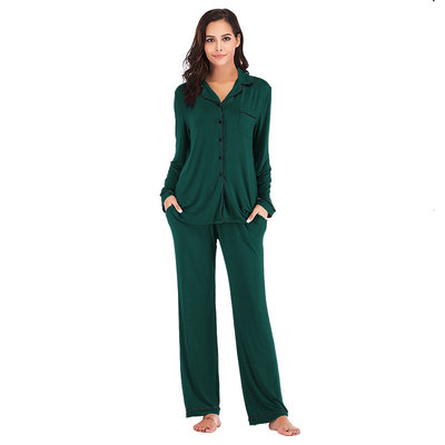 Amazon Hot Sale Viscose Spring Autumn Long Sleeves Buttons 2 Piece Womens Sleepwear Set Pajamas Homewear Femm