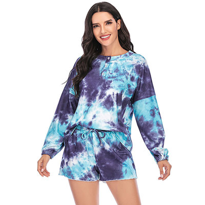 Fashion Tie Dye Pajamas Two Piece Set Sleepwear Long Sleeve And Shorts Ladies Loungewear