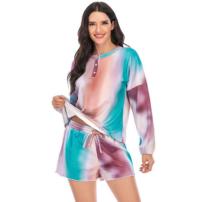 Fashion Tie Dye Pajamas Two Piece Set Sleepwear Long Sleeve And Shorts Ladies Loungewear