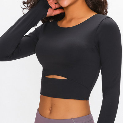 Padded Hot Hollow Sports Long Sleeve Yoga Shirt Gym Plain Crop Top Womens Workout Shirts