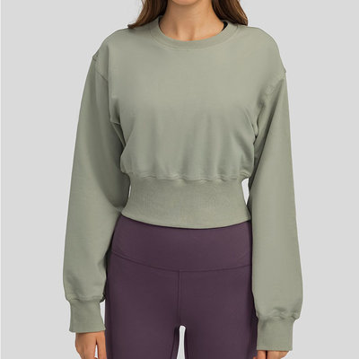 Cotton Fashion Cut And Sew Loose Fitness Crop Top Women Crew Neck Workout Sweatshirt