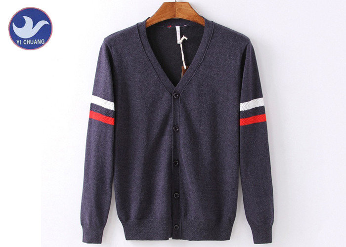 Sleeves Stripes Mens Knit Cardigan Sweater V Neck Plain Knitting Buttons Up Clothes
